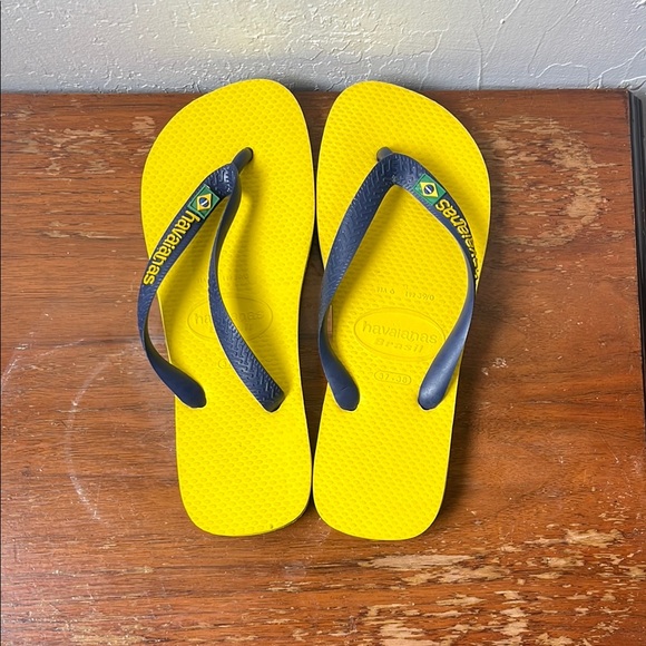 Havaianas | Shoes | Havaianas Vibrant Yellow And Navy Flip Flops | Poshmark